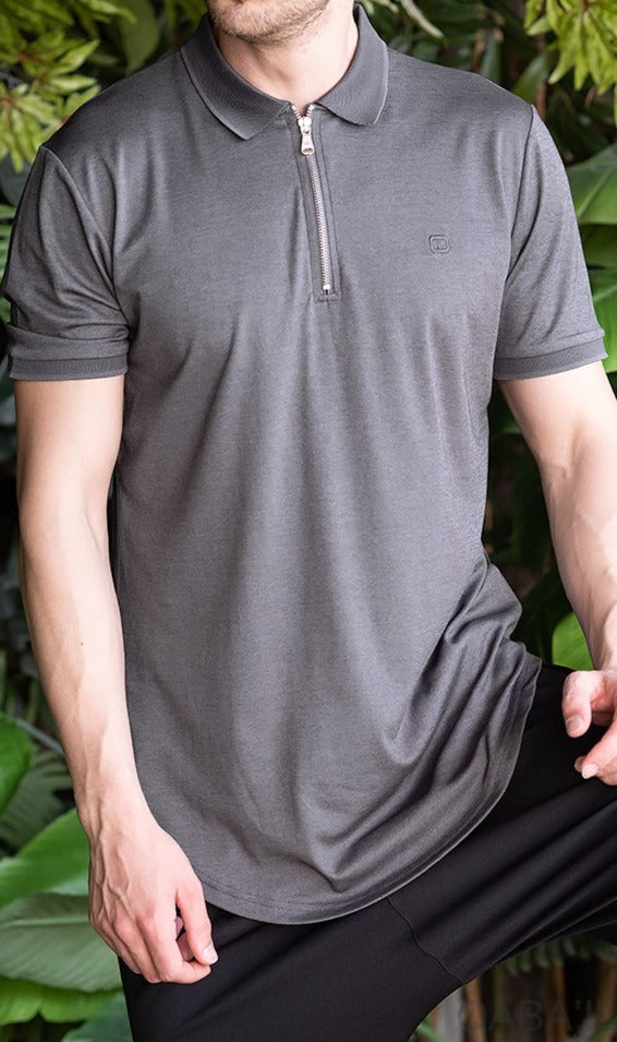 QL Relaxed Polo Zip Up in Dark Grey | MOOMENN